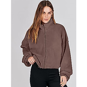 ANRABESS Jacket for Women Full Zip Oversized Fleece Crop Sherpa Coat Long Sleeve Drop Shoulder Stand Collar Drawstring Hem Soft Cozy Thick Trendy Winter Tops Outfits 1097qianzong-L