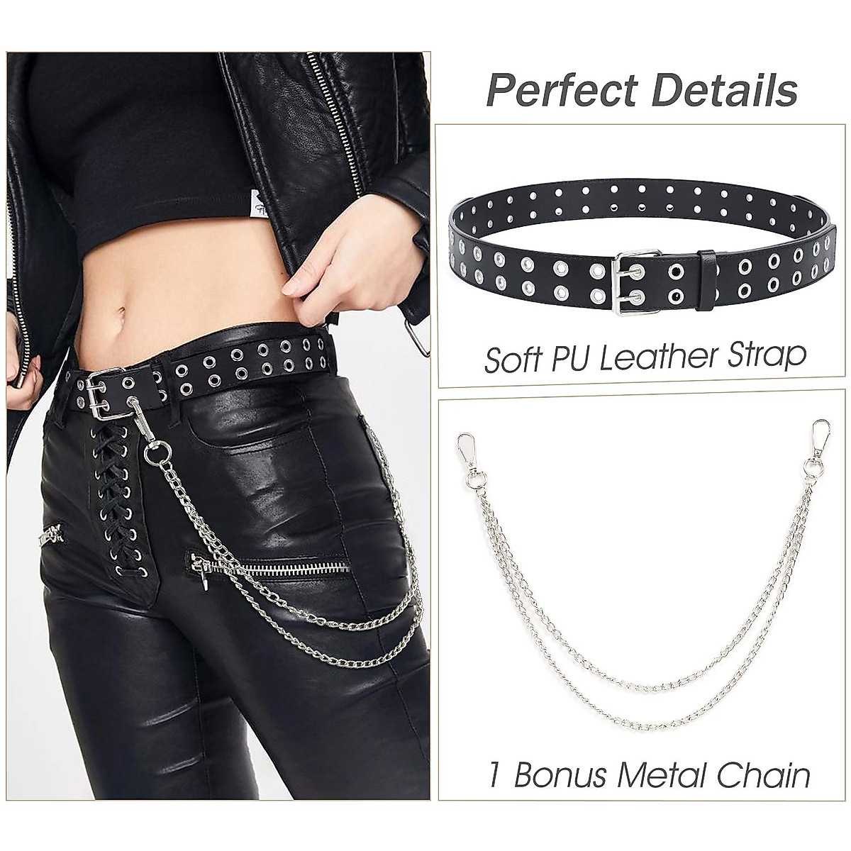 SUOSDEY Double Grommet Leather Belt with Detachable Chain for Women Men,Punk Black Belt with Double Studded Holes for Jeans