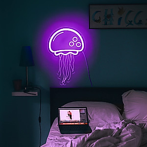 Jellyfish Neon Signs for Wall Decor Light Up Personalized for Bedroom, Bar, Birthday, Holiday Party, Wedding. USB Powered 3D Art Creative Purple Light LED with Dimmer Switch