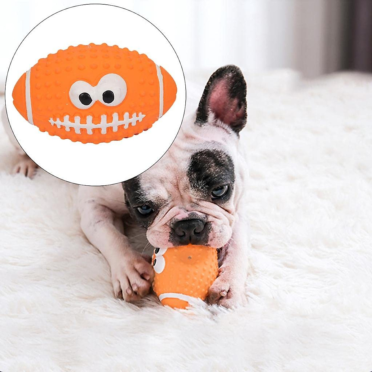 IEUDNS Squeaky Dog Toys Cartoon Dog Balls with Squeaker Rubber Latex for Small and Medium Breed, Orange Rugby