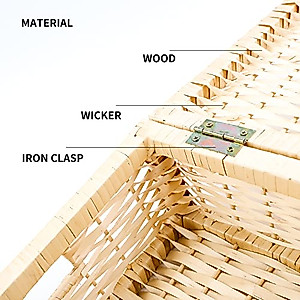 KINGWILLOW Wicker Basket with Lid, Rectangular Wooden Framed Woven Storage Bin with Inside Handles