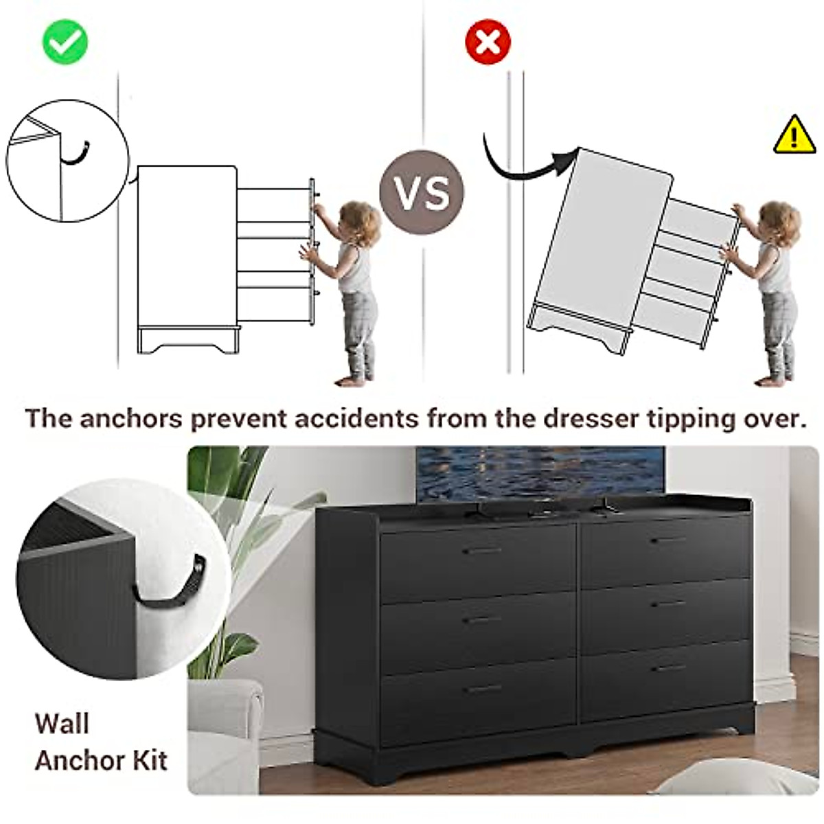 Hasuit 6 Drawer Double Dresser, Modern Storage Tower Dressers & Chests of Drawers, Large Clothing Organizer for Bedroom