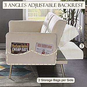 GEEVIVO 78” Velvet Futon Sofa Bed w/Adjustable Armrests,Convertible Futon Couch with Side Bags,Modern Sleeper Loveseat Sofa for Living Room,Bedroom