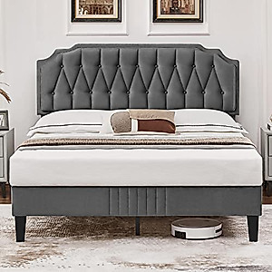 Yaheetech Queen Bed Frame Velvet Upholstered Platform Bed with Curved Headboard, Height-Adjustable Headboard/Noise-Free/Wooden Slats Support/No Box Spring Needed/Easy Assembly, Dark Gray Queen Bed