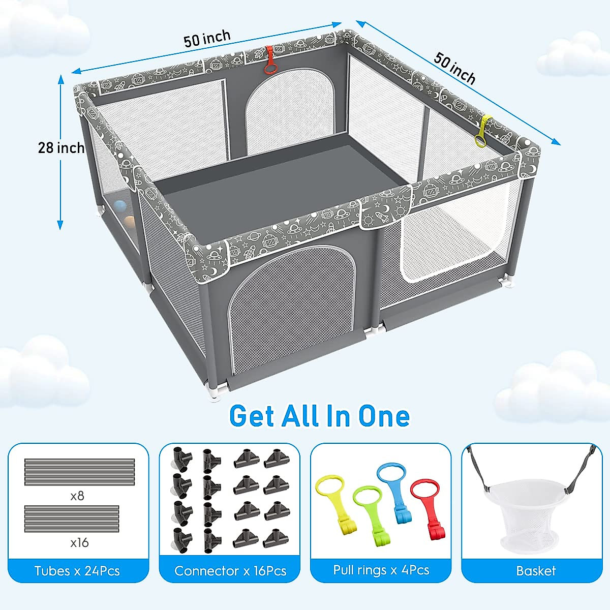 Baby Playpen, Large ,50x50 inch Sturdy Safety Play Yard Playpen for Babies and Toddlers with Soft Breathable Mesh, Anti-Slip Suckers, Indoor & Outdoor Baby Play Area Activity Center