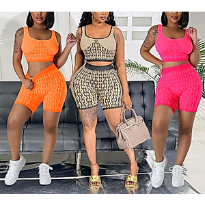 Annystore Women's Sexy 2 Piece Outfits Sleeveless Print Ribbed Tank Crop Top Jogger Biker Workout Shorts Tracksuit Set Brown XL