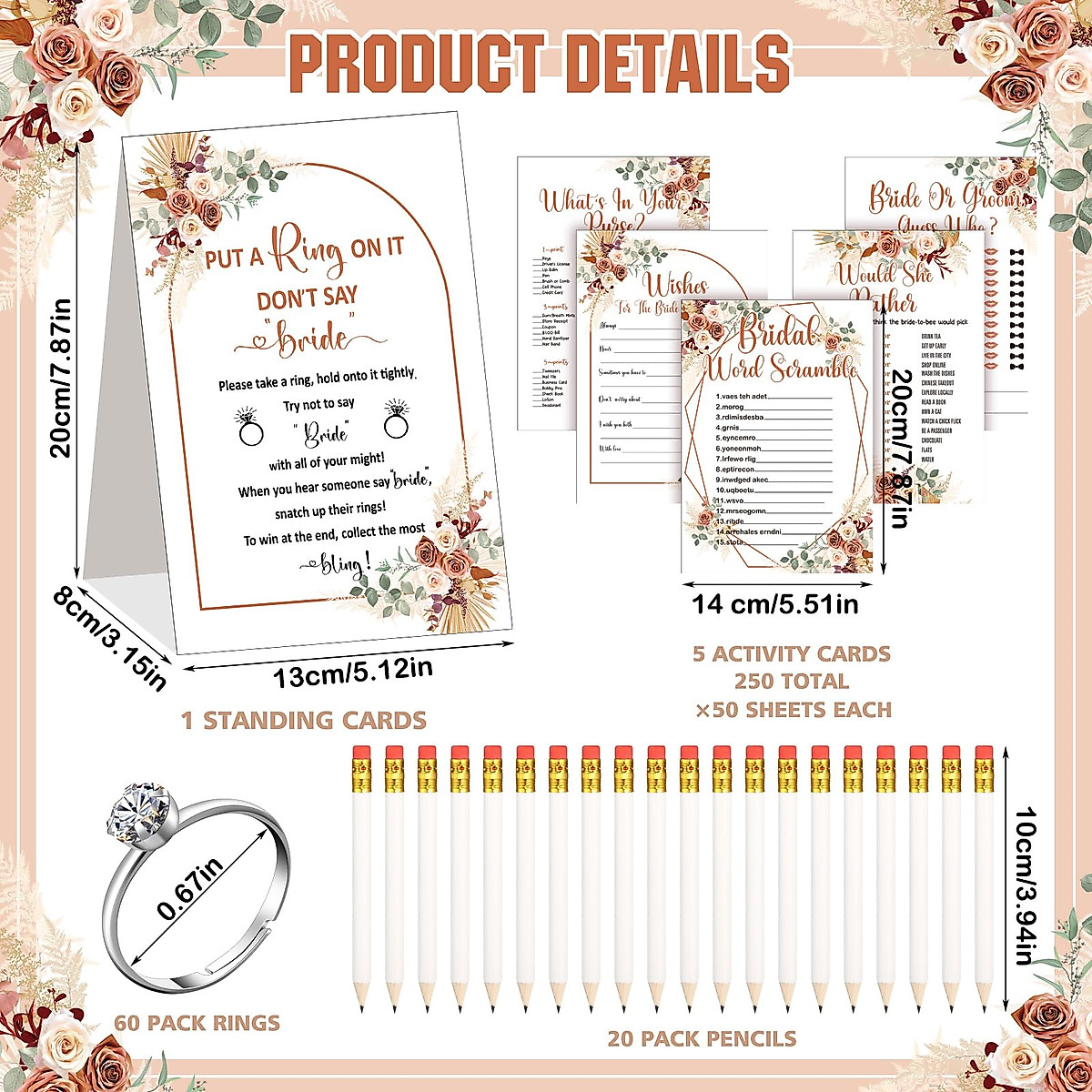 Estune 331 Pcs Bridal Shower Games Supplies, 5 Sets 250 Pcs Wedding Games Cards 1 Put a Ring on It Bridal Shower Games with 60 Pcs Rings and 20 Pcs Pencils(Boho Style)