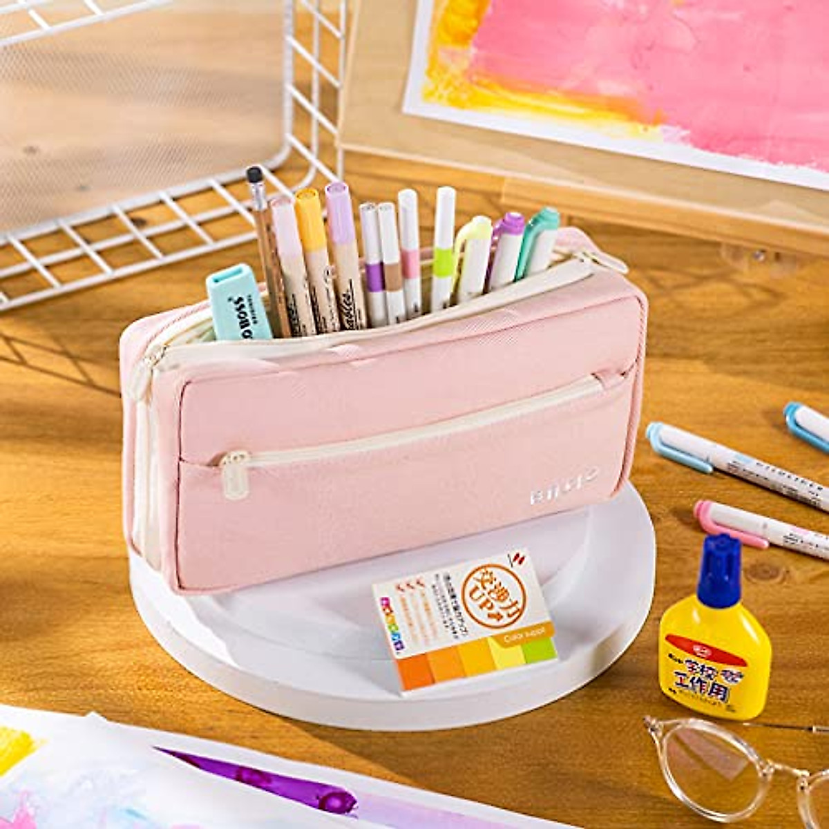 iSuperb Big Capacity Pencil Case Large Pencil Pouch Passport Bag Zipper Stationery Storage Cosmetic Makeup Bag Organizers for Women (Beige)