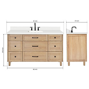 ARIEL 61'' Bathroom Vanity with Sink, American White Oak Solid Wood, 1.5" Edge Pure White Quartz Countertop and Backsplash, Rectangle Sink, Soft Closing Doors, Dovetail Drawers, Matte Black