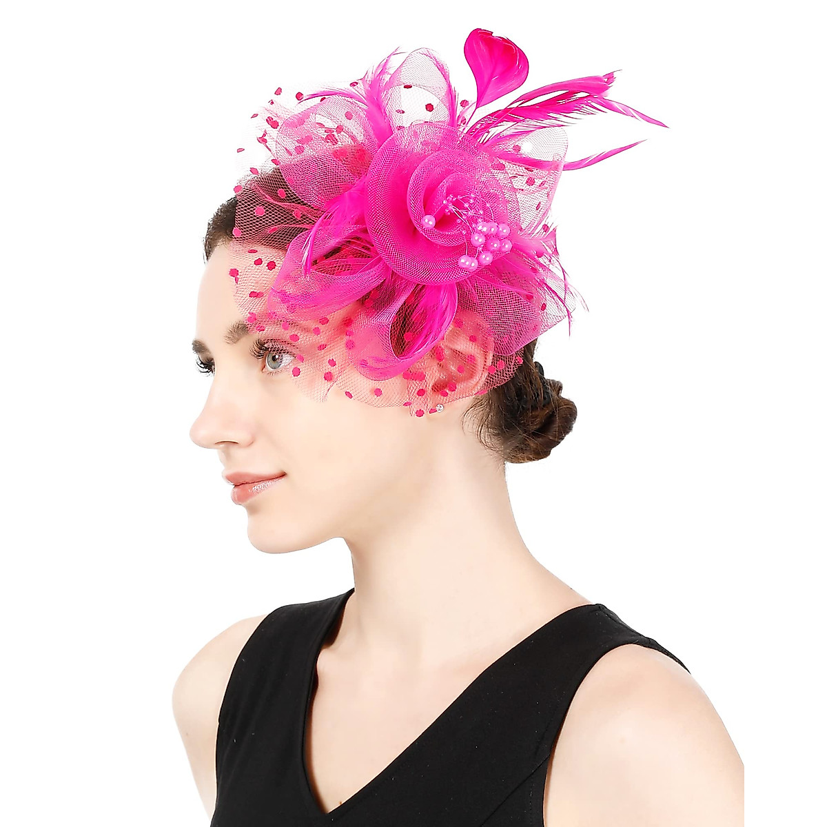 Fascinators Hat Flower Cocktail Lace Mesh Feathers Headband Clip for Women Tea Party Wedding Vintage Derby Hats-Hot Pink-01