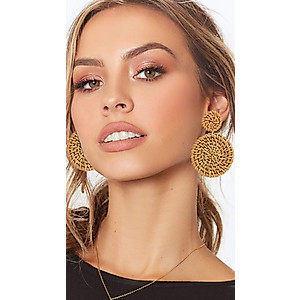 ARATLENCH Rattan Woven Dangling Earrings Handmade Straw Dangle Drop Earrings Boho Summer Beach Statement Circle Ball Hoop Earrings for Women (rattan disc)