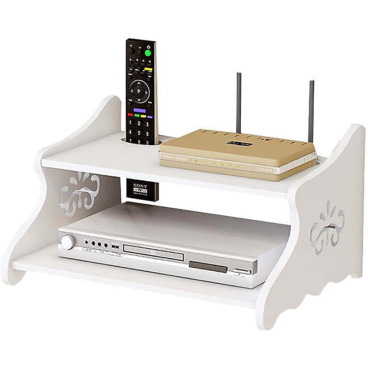 ZXKYZR8 WiFi Router Storage Shelf Set-Top Box Shelf with Two Holes Wall Living Room Home Wall Cabinet Shelf Wood Plastic Board Storage Rack Double Floating Shelf