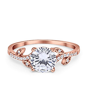 Blue Apple Co. Rose Tone, Simulated Cubic Zirconia Size-6 Leaf Style Art Deco Wedding Engagement Bridal Ring Round CZ 925 Sterling Silver