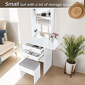 ARTETHYS Small Vanity Desk Set with 3 Adjustable Lighted Mirror and Storage Chair, Makeup Vanity Table for Small Space, White Dressing Table with Fold-up Panel for Bedroom