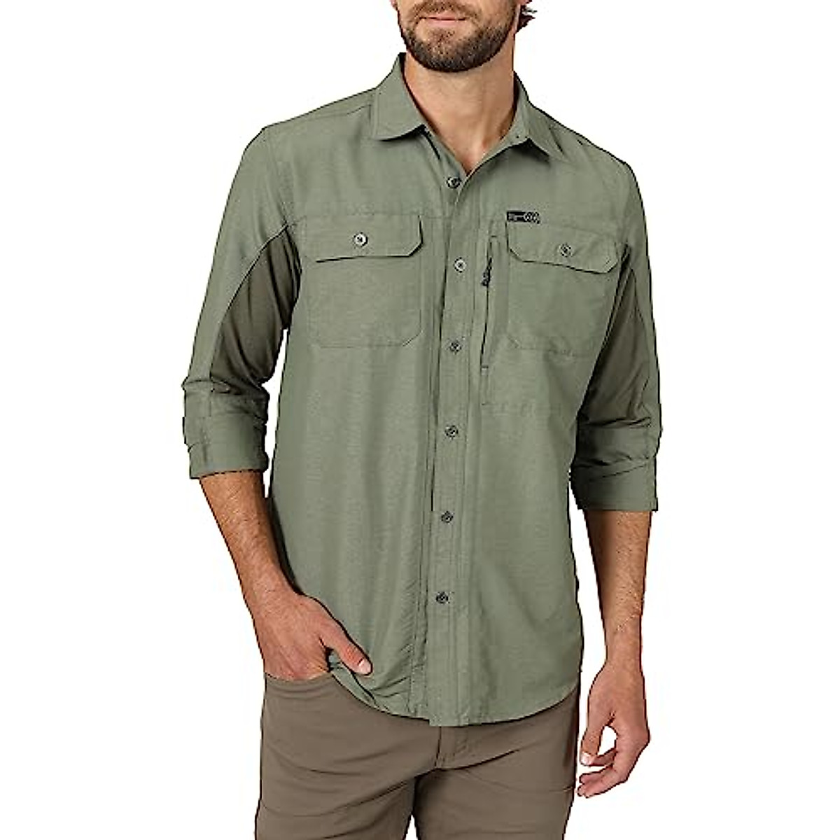 ATG by Wrangler Men's Long Sleeve Mixed Material Shirt, Dusty Olive, Medium