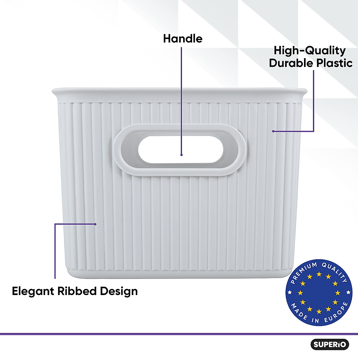 Superio Ribbed Collection - Decorative Plastic Open Home Storage Bins Organizer Baskets, Medium White Smoke (6 Pack) Container Boxes for Organizing Closet Shelves Drawer Shelf 5 Liter