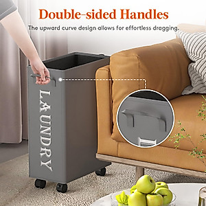 Lifewit 22" Slim Rolling Laundry Basket with Wheels, Collapsible Tall Laundry Hamper with Handles, 2 Packs Narrow Laundry Room Organization for Laundry Room Dorm Bathroom Bedroom, 50L, Gray