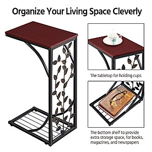 Yaheetech C Shaped End Table Set of 2 Sofa Side Tables for Living Room, Couch Tables Small Coffee Tray Snack Tables Slide Under Sofa with Elegant Leaf Design, Bronze Metal Frame and Wooden Tabletop
