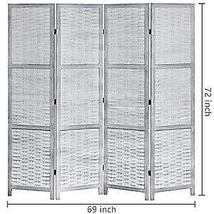 MyGift Privacy Screen, 4-Panel 6ft Vintage Gray Wood & Whitewashed Woven Bamboo Room Divider Screen