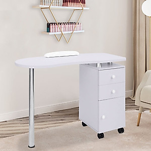 mefeir Manicure Table Nail Desk with Drawers Single Cabinet on Wheels & Arm Rest Cushion, Mobile Beauty Spa Salon Home Wooden Technician Workstation Nail Art Equipment