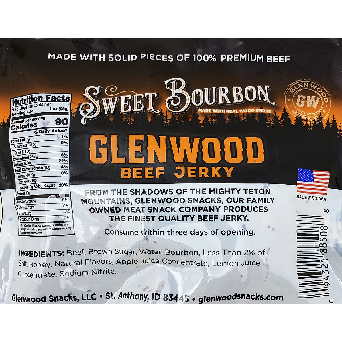 Glenwood Snacks Beef Jerky Sweet Bourbon 9 Ounce Resealable Bag - Moist & Tender Beef Jerky, Gluten-Free Jerky, Made in the USA