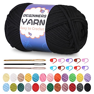 200g Yarn for Crocheting, Beginners Yarn, Easy Yarn for Beginners with Easy-to-See Stitches, Stitch Marker, Big Eye Blunt Needle, Crochet Yarn for Crocheting (Black)