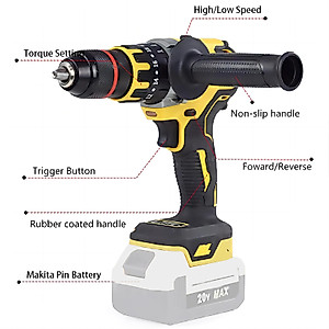Cordless Hammer Drill for Dewalt 20V MAX Battery Brushless, Compact Impact Driver, Cordless 1/2" Hammer Drill Driver with Variable Speed, Handlebar for Home Improvement, Woodworking, Metal(Tool Only)