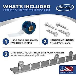 Strivide - Strip Door Curtain Kit - 42 in.(3 ft 6 in) Width X 84 in.(7 ft) Height - Clear Smooth 8" Wide x .08 in. Thick PVC Strip 50% Overlap - Complete Plastic Strip Door Kit - Universal Hanger