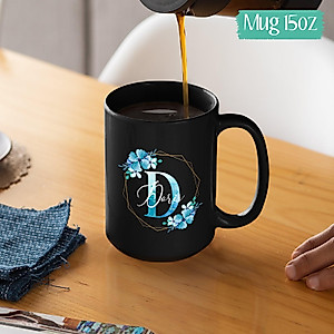 Personalized Initial Name Coffee Cup with Name, Custom Blue Floral Alphabet Ceramic Cups, Monogrammed Letter Mug Gift for Birthday, Customized Wreath Tea Cups Present, Black Coffee Mug 11oz or 15oz