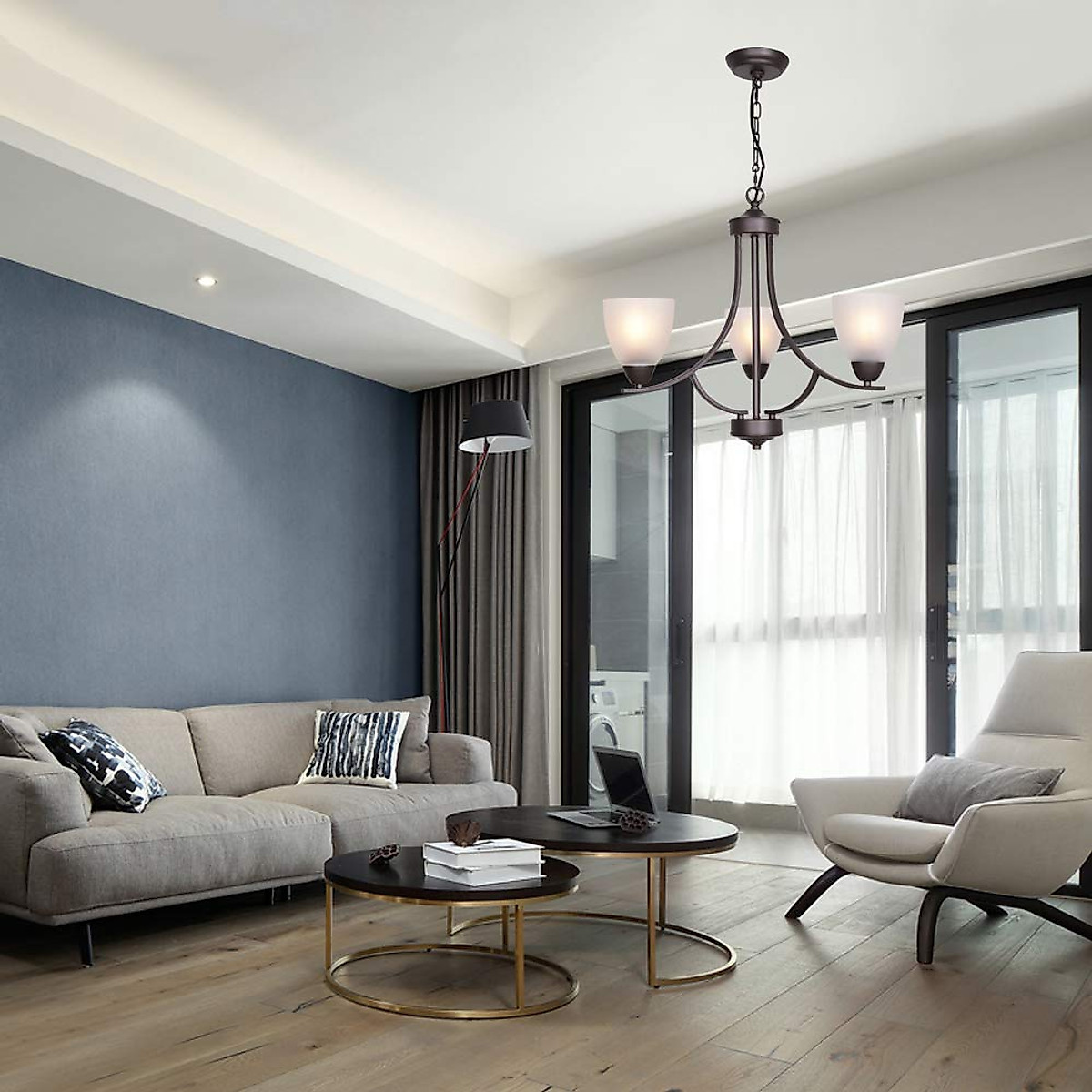 VINLUZ 3 Light Shaded Contemporary Chandeliers with Alabaster Glass Oil Rubbed Bronze Modern Light Fixtures Ceiling Hanging Mid Century Pendant Lighting for Dining Room Living Room Hallway Bedroom