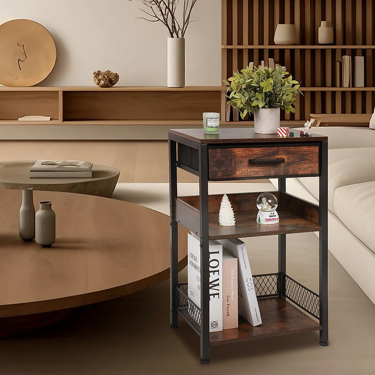 3 Tier End Table,Small Side Table with Storage Drawer,24.8 inch Tall Night Stand for Small Spaces, Brown Bedside Table,Side Table for Living Room,Bedroom,Office