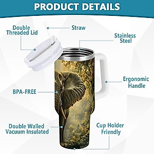 Jihqo Jungle Elephant 40 oz Stainless Steel Vacuum Insulated Tumbler with Handle and Straw Lid, Leakproof Water Bottle Double Wall Travel Mug Coffee Cup, Cupholder Friendly