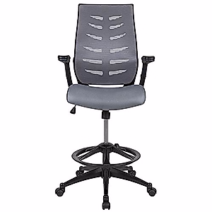 Flash Furniture High Back Dark Gray Mesh Spine-Back Ergonomic Drafting Chair with Adjustable Foot Ring and Adjustable Flip-Up Arms