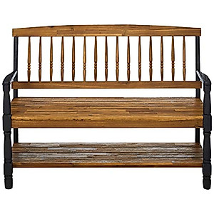 Christopher Knight Home Eddie Indoor Farmhouse Acacia Wood Bench with Shelf, Teak and Black Finish