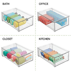 mDesign Plastic Stackable Bathroom Storage Organizer Bin with Pull Out Drawer for Cabinet, Vanity, Shelf, Cupboard, Cabinet, or Closet Organization - Lumiere Collection - 4 Pack - Clear