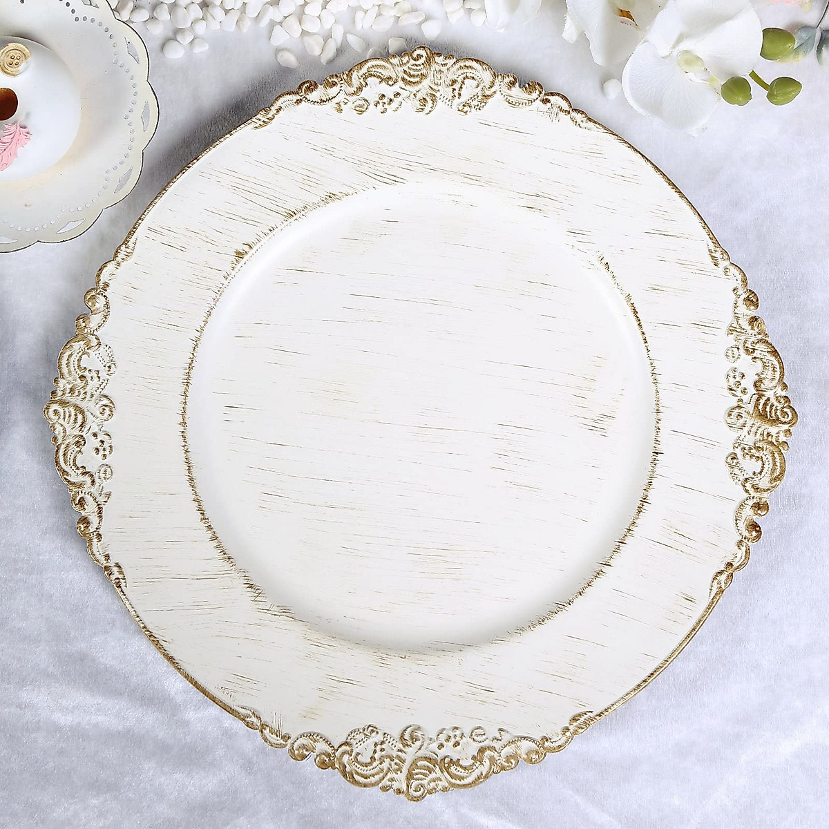 Efavormart 6 Pack White 13" Round Baroque Charger Plates Leaf Embossed Antique Gold Rim for Tabletop Decor Catering Event