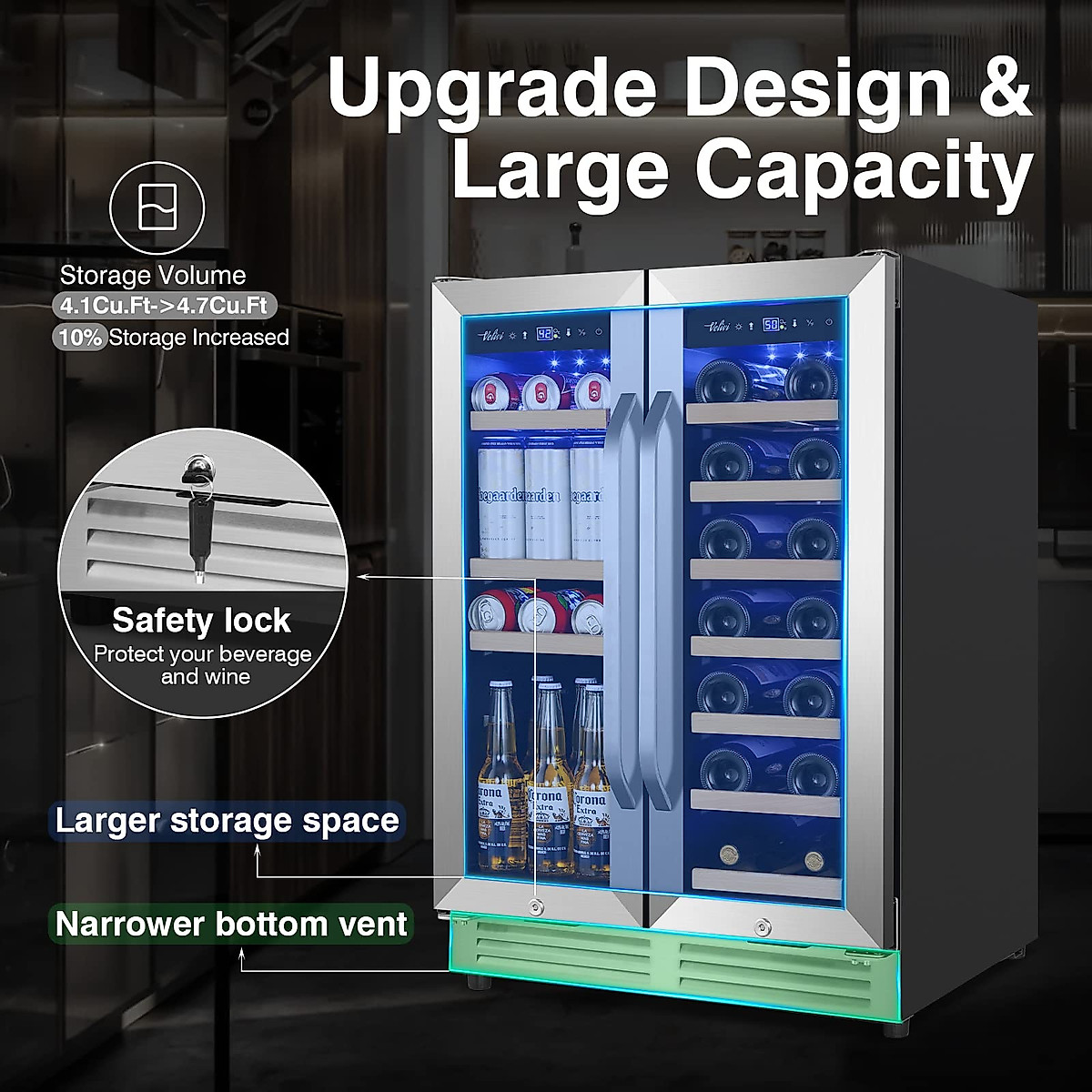 Wine and Beverage Refrigerator Upgraded, 24 Inch Beverage Refrigerator Cooler Dual Zone with Glass Door, Under Counter or Freestanding Beverage Fridge with Large Capacity, Advanced Cooling System