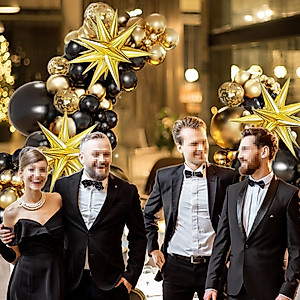 Black and Gold Balloon Arch Kit with 3pcs Starburst Balloons, 5 10 12 18 inch Black and Gold Garland Balloons for Graduation Bachelor Birthday Retirement Anniversary New Year Party Decorations