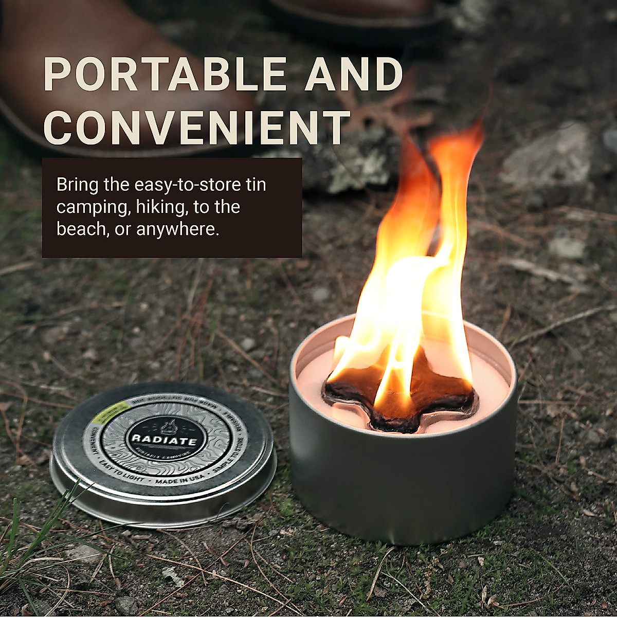 Radiate - 2 Pack Outdoor Portable Campfire - 3 Hours of Warmth and Burn Time - 4” Reusable Fire Pit for Camping, Smores, Cooking, and Picnics - Recycled Soy Wax