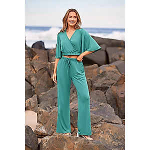 PRETTYGARDEN 2 Piece Outfits for Women 2024 Summer Short Sleeve Wrap V Neck Crop Tops Wide Leg Pants Set (Bean Green,Medium)