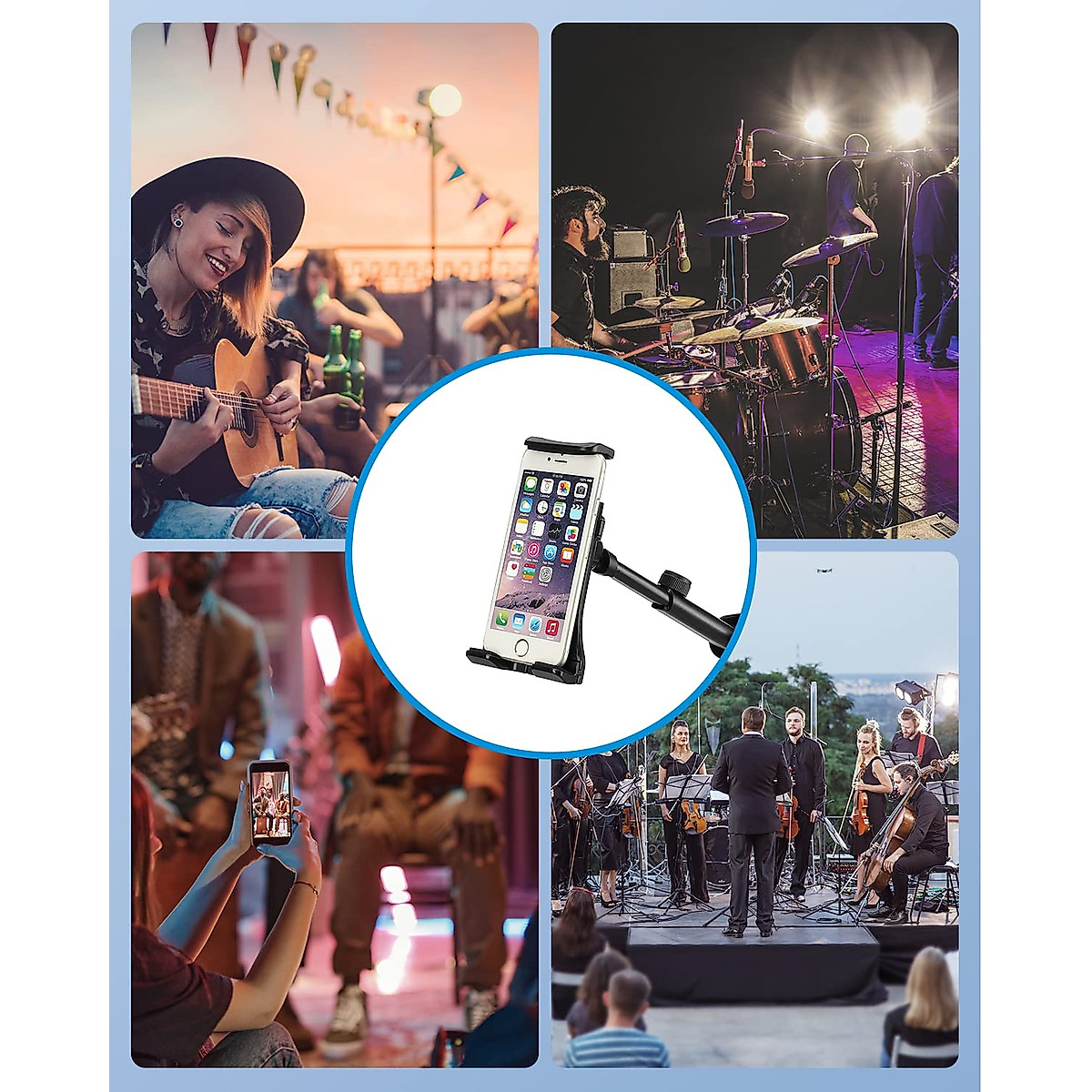 Moukey Tablet Holder for Microphone Stand, Adjustable Mic Music Stand Phone Holder Mount, Compatible with iPad, iPhone, Android, All 4.7 to 12.9 Inches Tablets & Smartphones