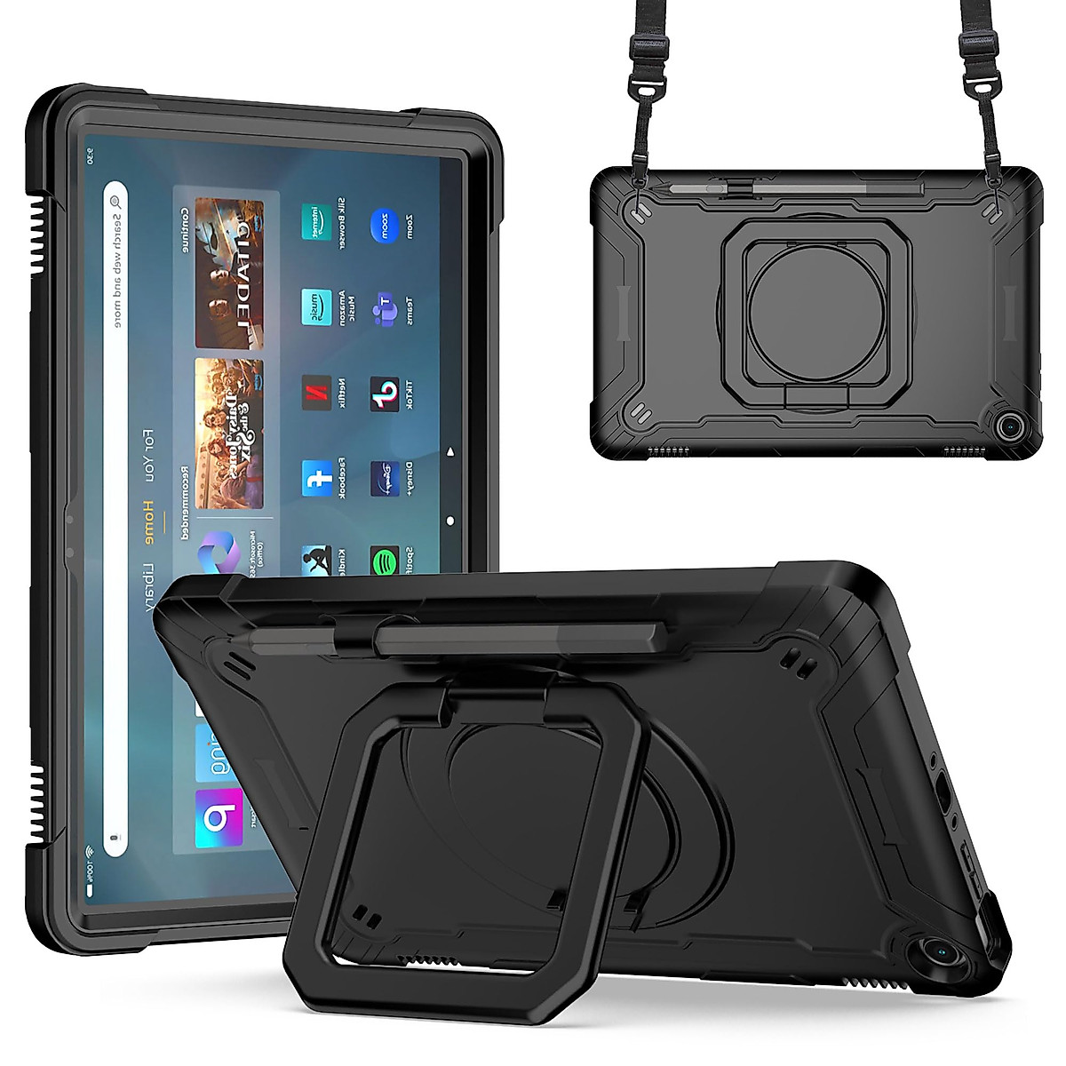 zukof Case for Amazon Fire Max 11 inch Tablet (13th Generation, 2023 Release) Hybrid Shockproof 360 Rotating Multi-Functional Ring Stand Case with Shoulder Straps (Black/Black)