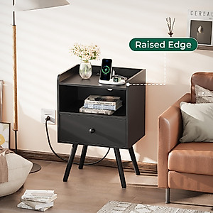 Huuger Nightstand with Charging Station and LED Lights, Bed Side Tables Set of 2, End Tables with Drawer, Side Table with Solid Wood Feet, Open Storage Space, for Bedroom, Black