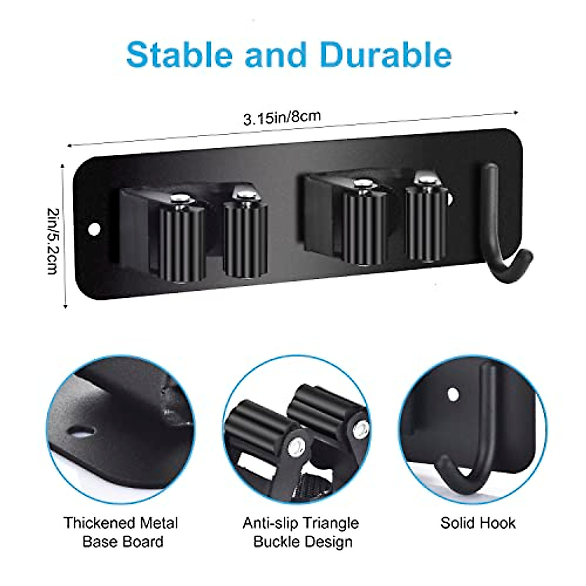 Kozci 2 Pack Broom Holder Wall Mount, Anti-Slip Mop Holder Broom Organizer Wall Mount Self Adhesive Stainless Steel Tool Storage Rack Broom Hanger for Kitchen Garden Garage (2 Racks 1 Hook)