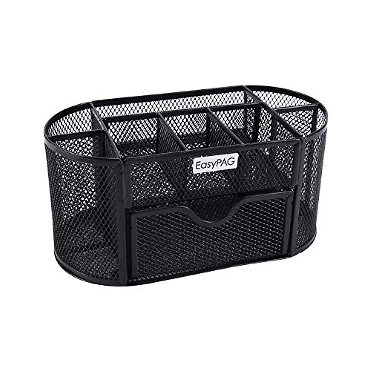 EasyPAG Desk Organizer Mesh Desktop Office Supplies Multi-functional Caddy Pen Holder Stationery with 8 Compartments and 1 Drawer,Black