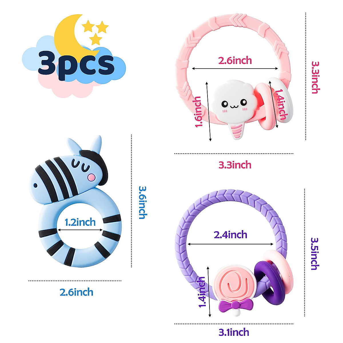 3pcs Baby Teething Rings, Silicone Teether with Rattle Sensory Teething Relief Soothing Teether Toys Soothes Baby Gum Pain, Lollipop Marshmallow Zebra Biting Ring Oral Chew Tools for Infants