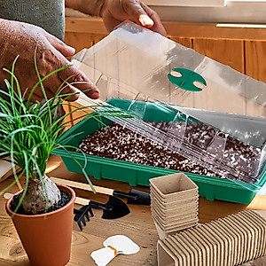 Hahood 6 Pack Seed Starter Tray Kit with 120 Square Peat Pots for Seedlings, Including Plants Labels, Planting Tools, Growing Trays Plastic Germination Tray Paper Starter Pods for Plant Seeds, Green