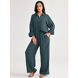 AUTOMET Clothes Womens Two Piece Outfits 2 Piece Matching Lounge Linen Wide Leg Palazzo Pants Sets Sweatsuit Spring Fashion 2024 Tracksuit