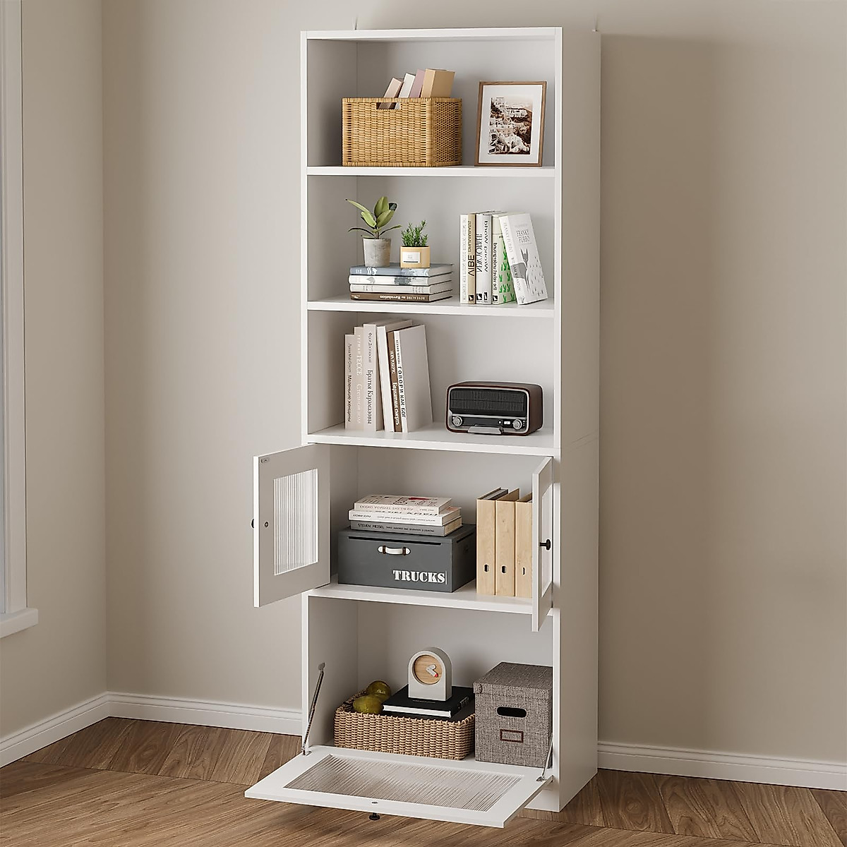 Seeday White Bookcase,5 Shelf Bookshelf and Bookcase with Acrylic Cabinet Doors,Modern Bookcase for Home, Office, and Living Room