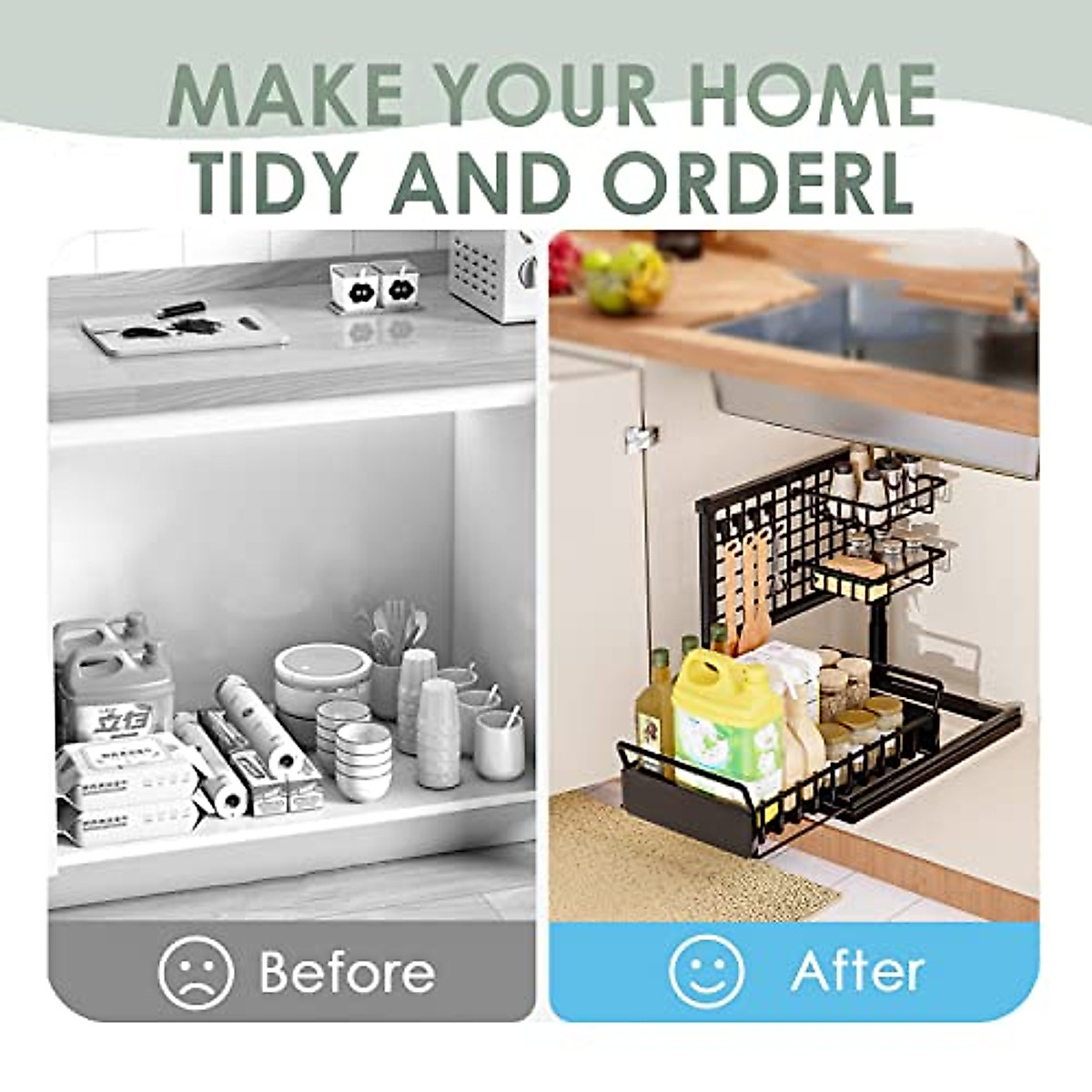 Under Sink Organizer,3-Tier Metal Pull Out Kitchen Cabinet Organizer Freely Adjustable，No Drilling Rustpro of Stainless Steel,Sturdy Multi-Functional for Kitchen Bathroom Organization (White)